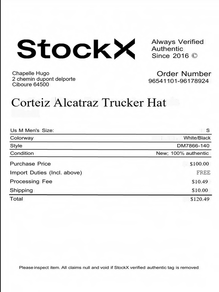 Stockx+Receipt (2) Recognized | PDF