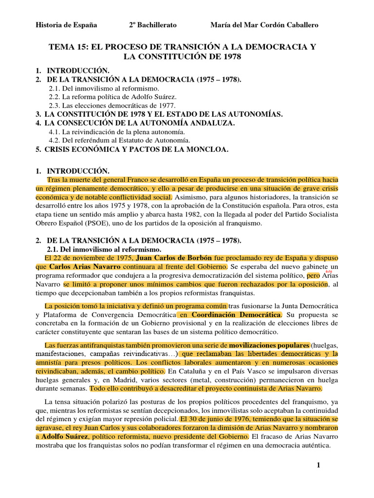 Tema 15 El Proceso De Transición A La Democracia Y La Constitución De