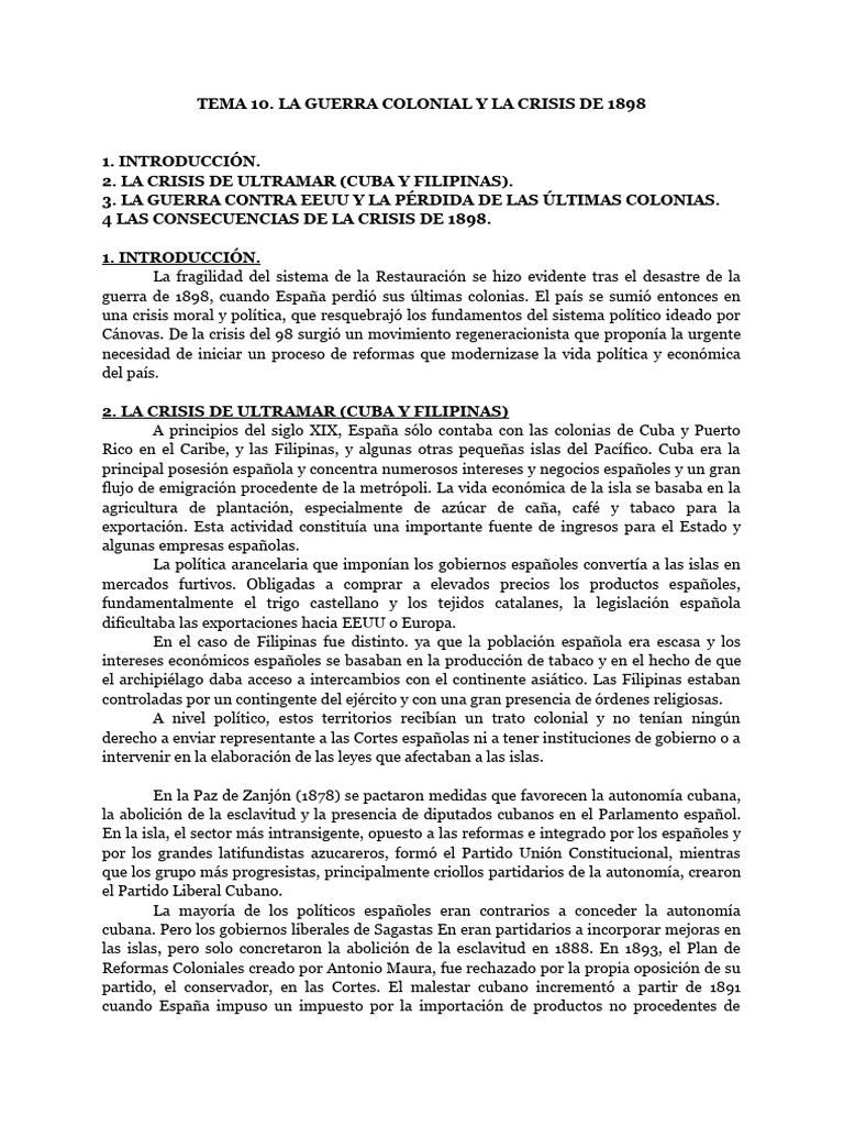Tema 10. La Guerra Colonial y La Crisis de 1898 | PDF | Cuba | España