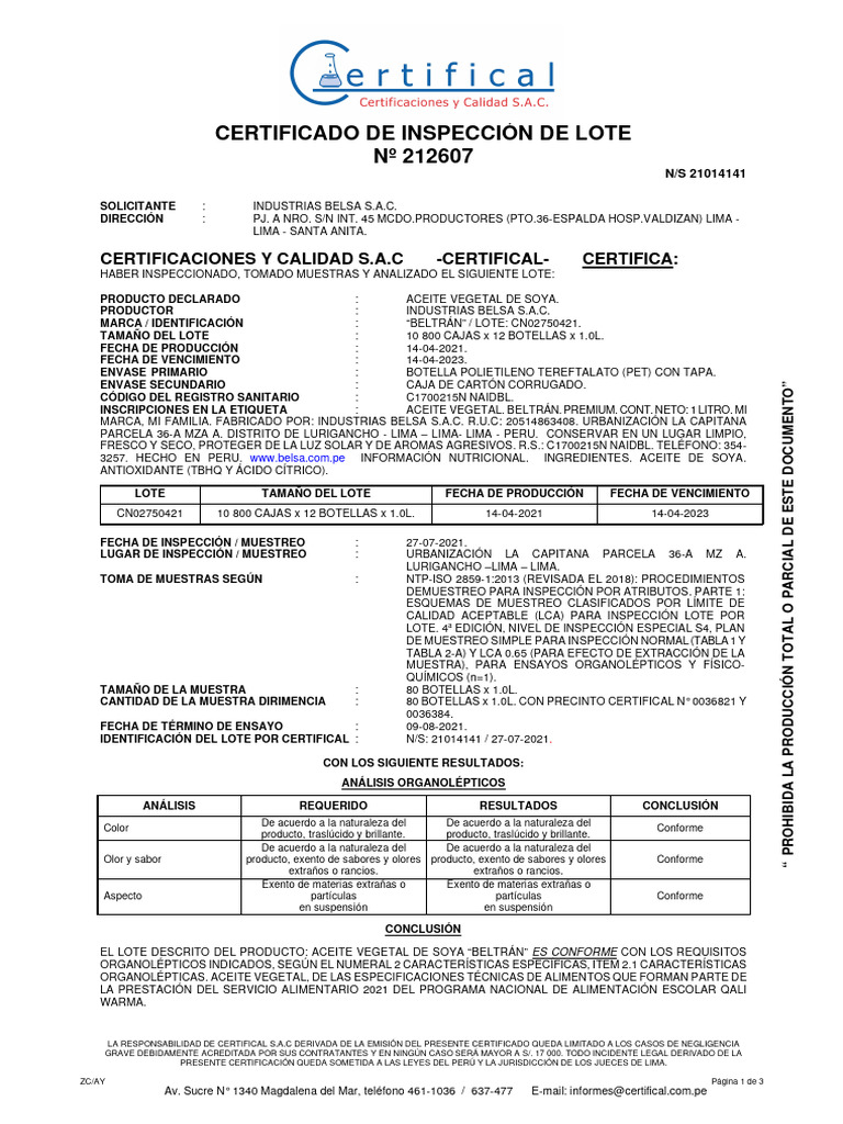 Certificado de Aceite de 1 Litro | PDF | Productos naturales | Comida y bebida