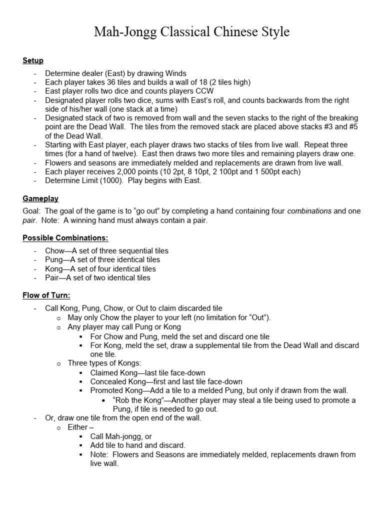 Mah-Jongg Classical Rules and Scoring | PDF | Mahjong | Sports