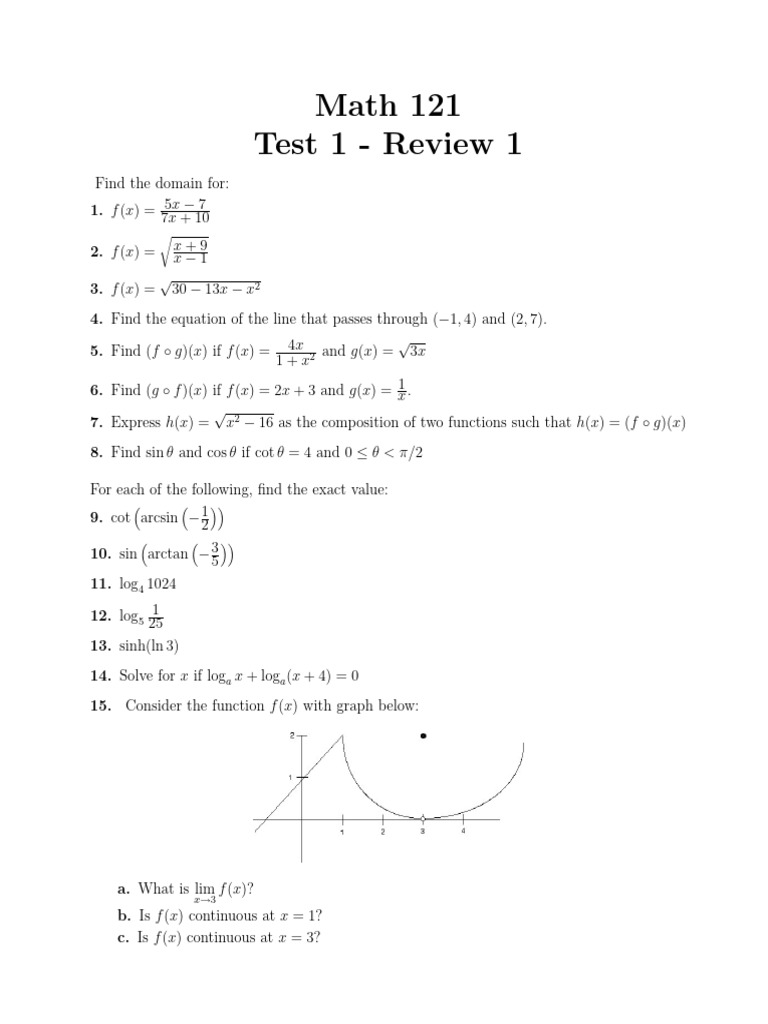 Math 121 Test 1 Review 1 | PDF | Function (Mathematics) | Algebra
