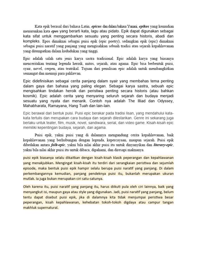 Epic Adalah Salah Satu Jenis Karya Sastra Tradisional | PDF