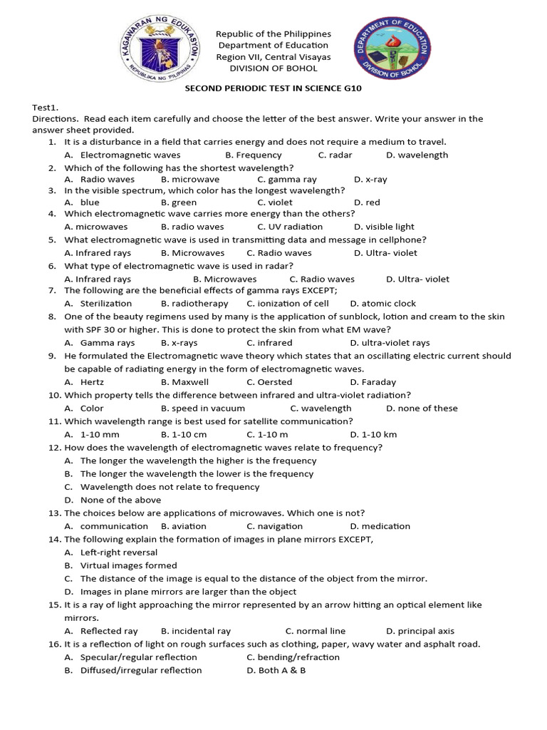 Grade 10 Science Periodic Test 2 | PDF | Electromagnetic Radiation | Mirror