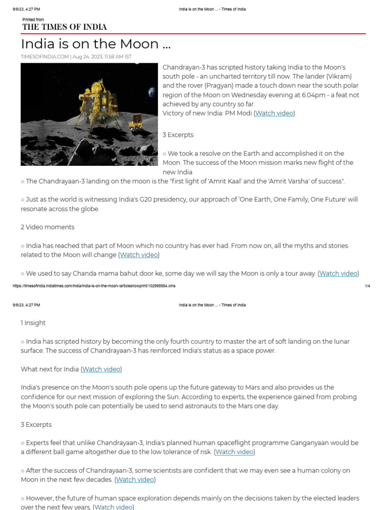 India Is On The Moon ... - Times of India | PDF | Moon | Space Exploration
