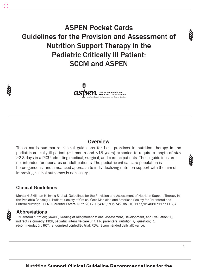 ASPEN Pocket Cards - Guidelines For The Provision and Assessment of Nutrition Support Therapy in ...