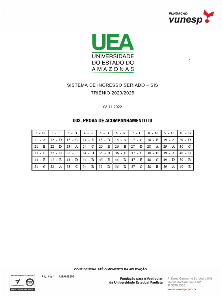 Uea Sis 3°serie 2022 Gabarito | PDF
