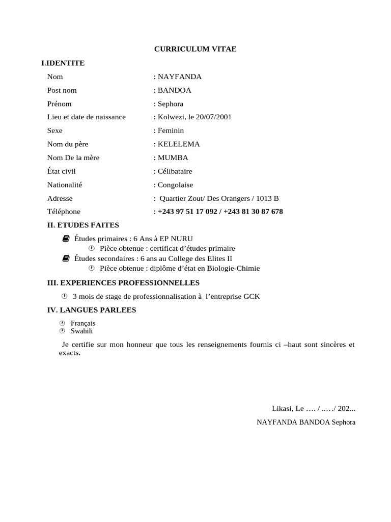 CV de Sephora Nayfanda: Études et Expérience | PDF
