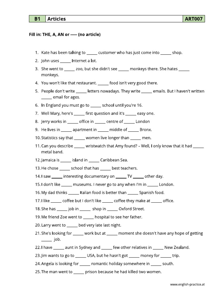 English Articles Practice - Sentence Completion | PDF