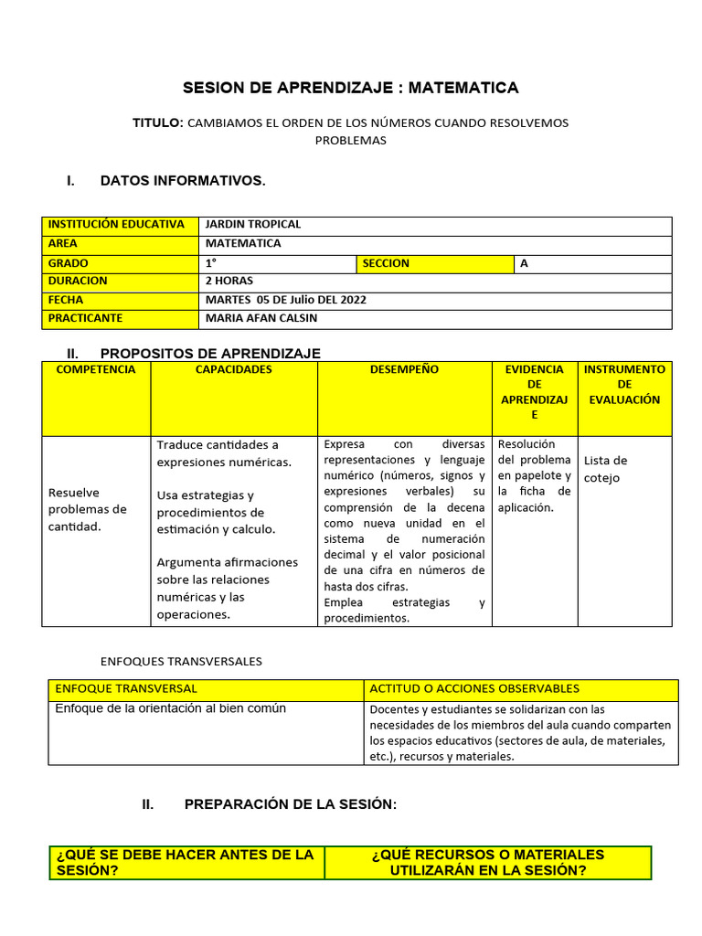 Sesi Matematica Operacion Comutativa | PDF | Evaluación | Aprendizaje