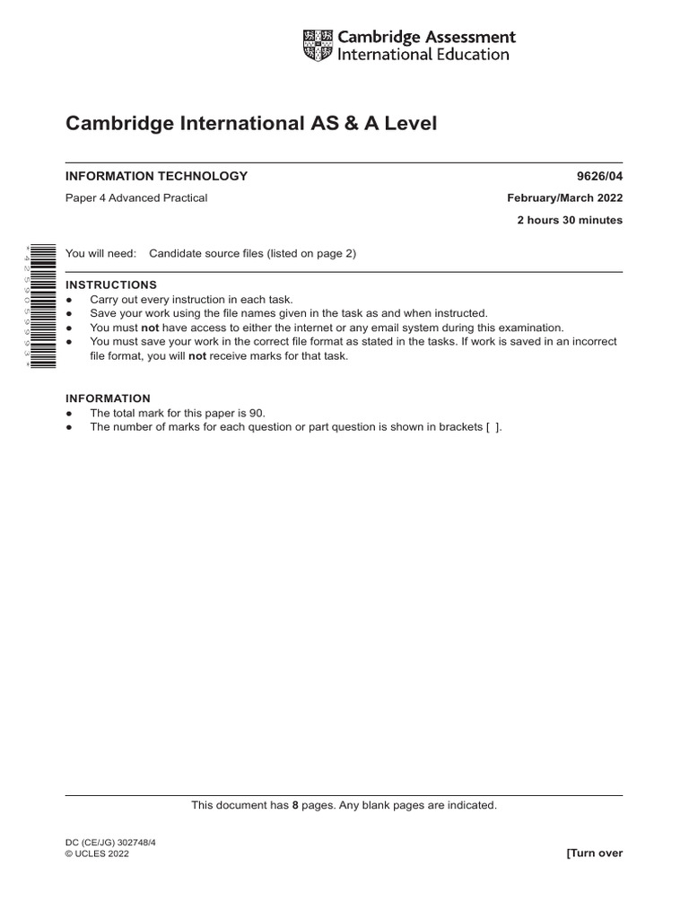 Cambridge International AS & A Level: Information Technology 9626/04 ...