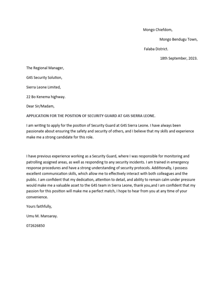 Application letter for security guard store