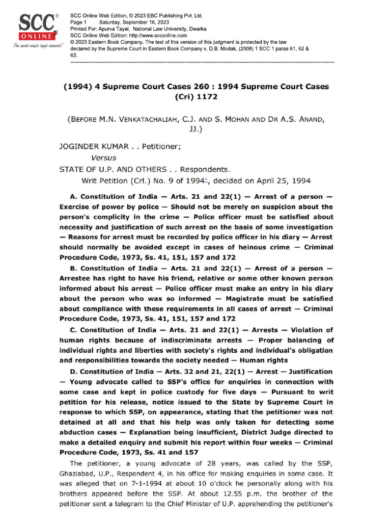 Joginder Kumar v. State of UP | PDF