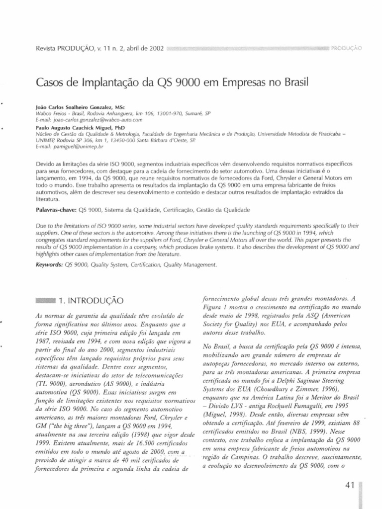 Implantação da QS 9000 no Brasil | PDF | ISO 9000 | Engenharia