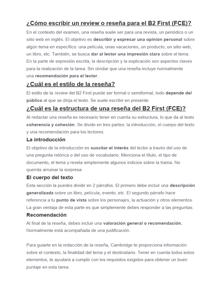 Cómo Escribir Un Review o Reseña para El B2 First | PDF | Idiomas del Reino Unido