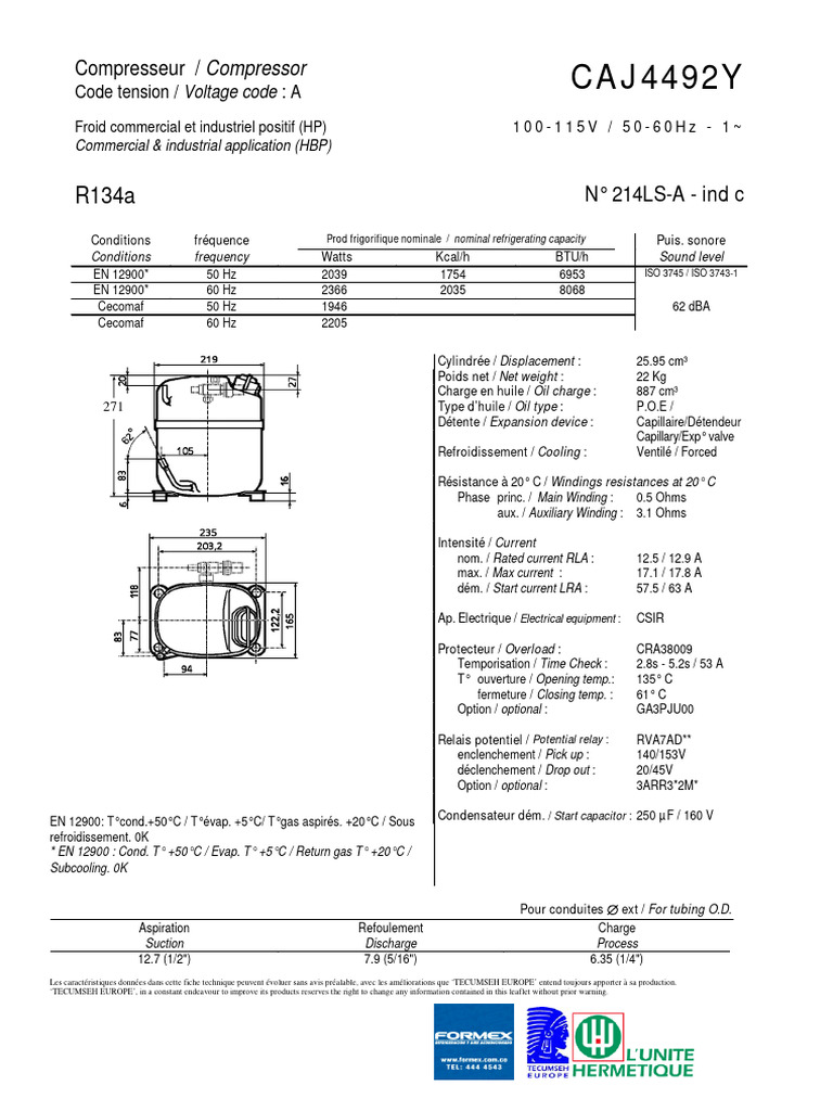 Fiche technique compresseur CAJ4492Y | PDF | Électricité | Génie du ...