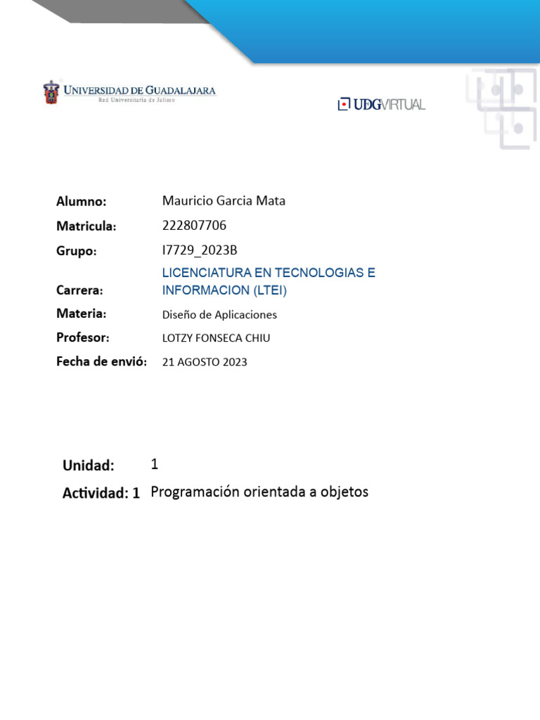 Actividad 1 Programación Orientada A Objetos Pdf Objeto Informática Programación