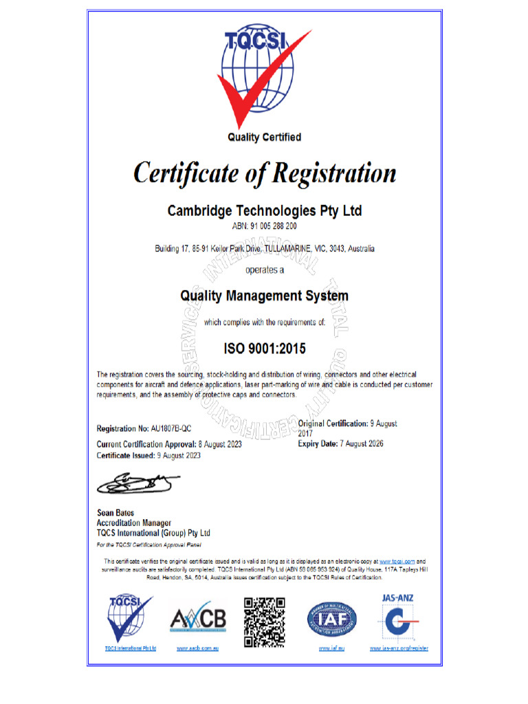 Cambridge Technologies AS9001 Certificate 7 August 2026 | PDF