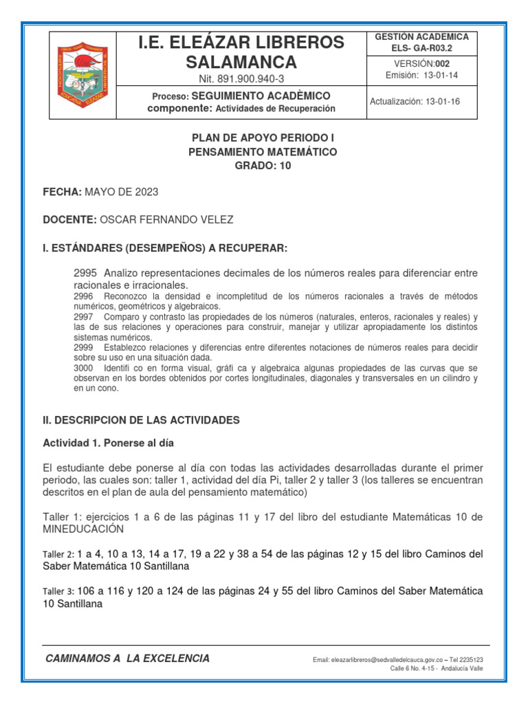 Plan de Apoyo Matematicas Decimo Primer Periodo | PDF | Número Real ...