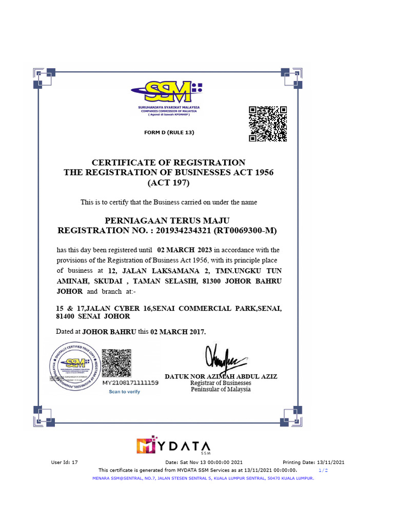 Certificate of Registration The Registration of Businesses Act 1956 (ACT 197) | PDF | Qr Code ...