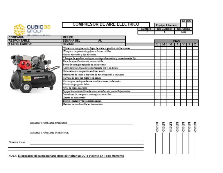 Checklist Compresor de Aire y Electrico | Descargar gratis PDF ...