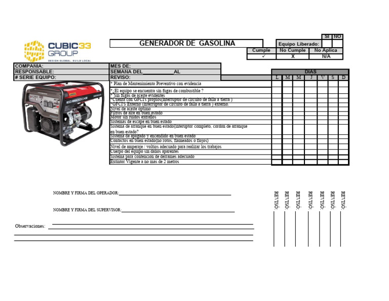 Checklist de Generador Gasolina | PDF | Motores | Tecnología de vehículos