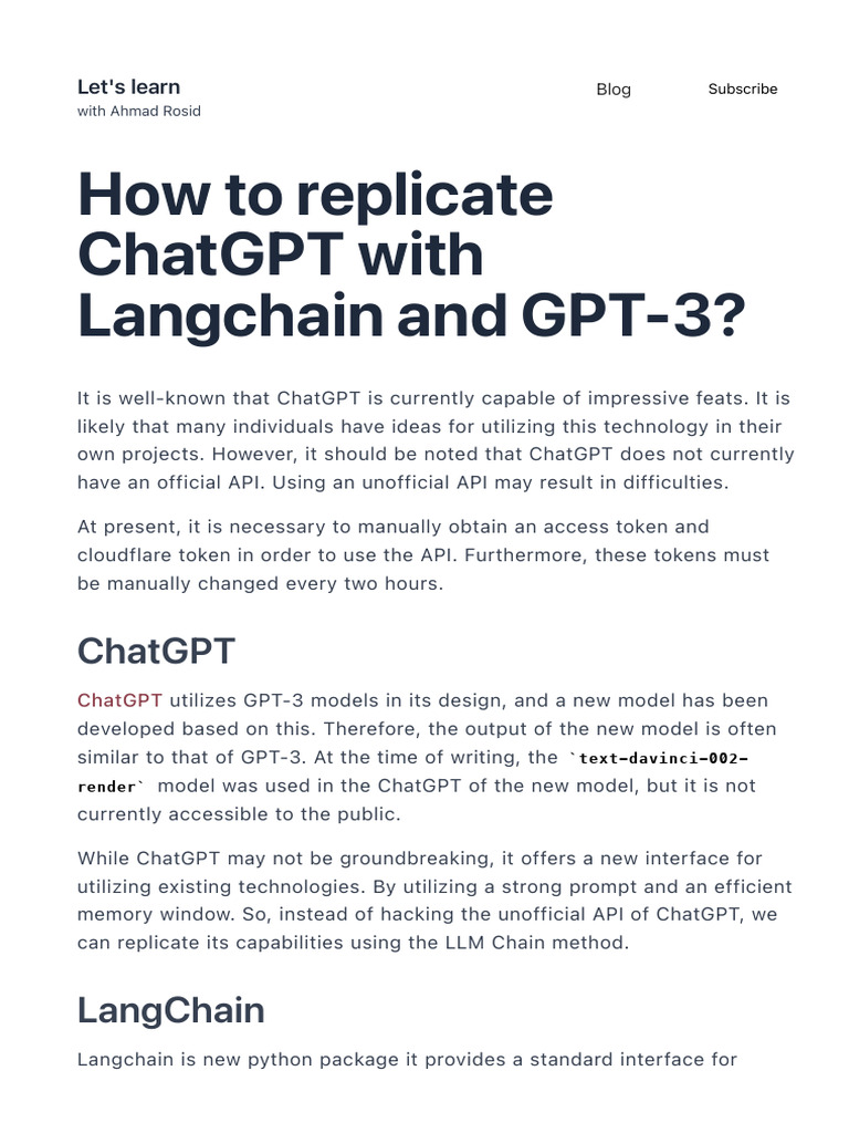 How To Replicate ChatGPT With Langchain and GPT-3 Ahmad Rosid | PDF ...