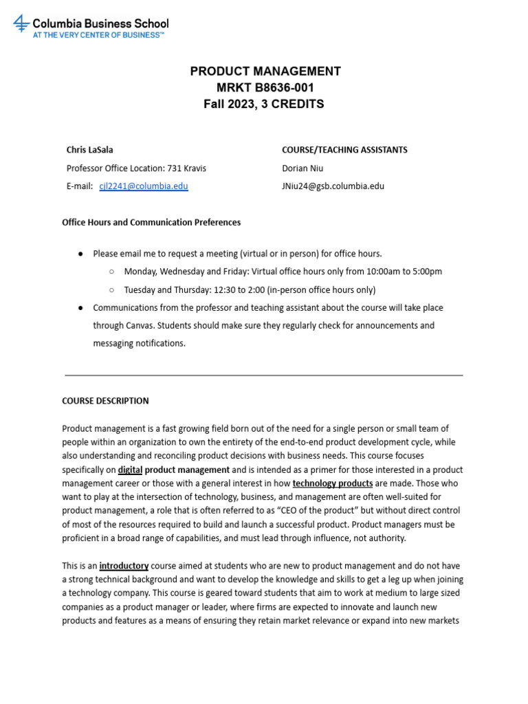 Product Management Syllabus (Fall 2023 MBA) | PDF | Agile Software Development