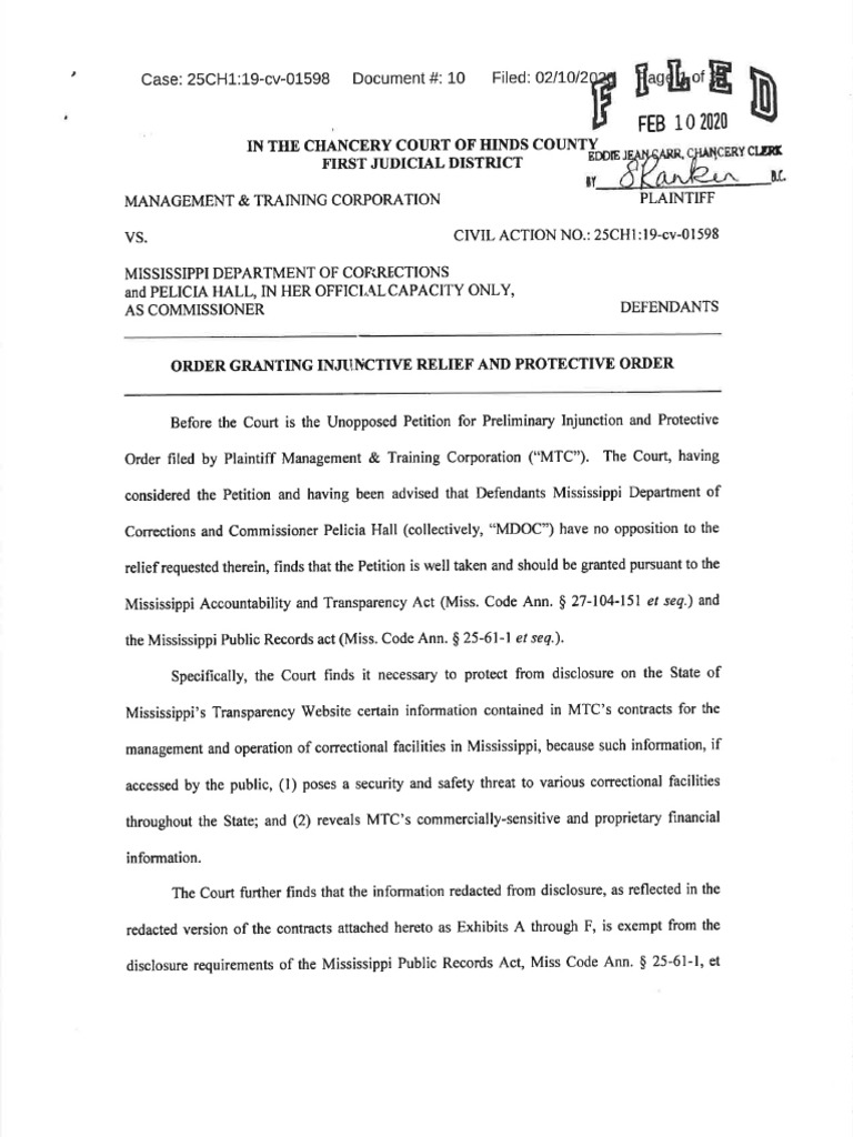 Concealment order between MTC and MS Dept. of Corrections | PDF