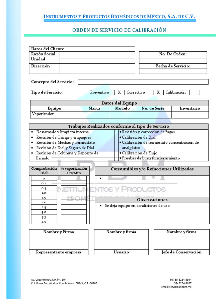 Formato Orden de Servicio Calibracion Vaporizadores IPBM | PDF | Tecnología