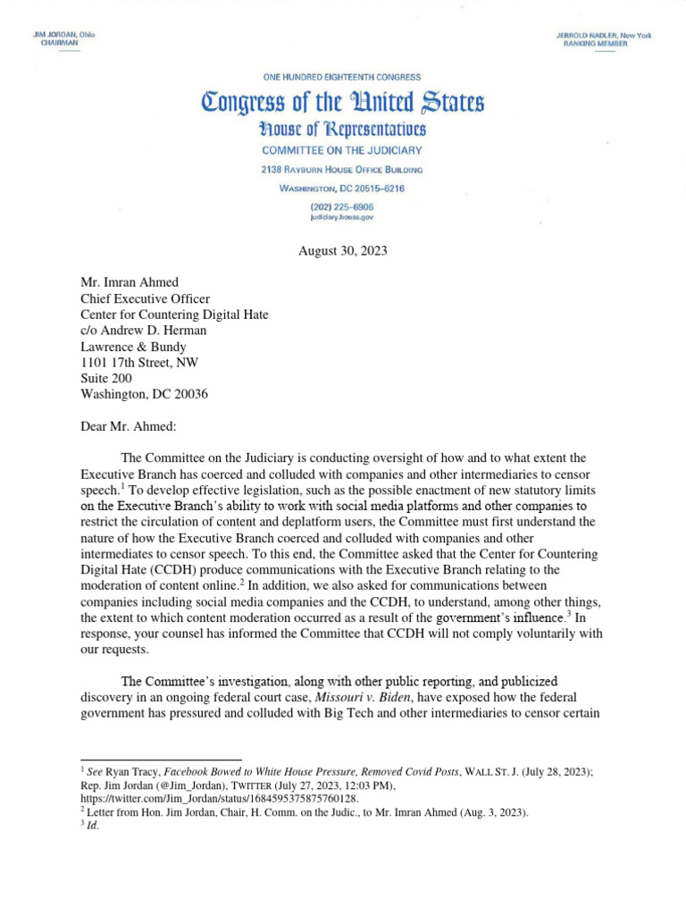 Rep Jim Jordan S Letter To CCDH | PDF | Social Media | Popular Culture ...