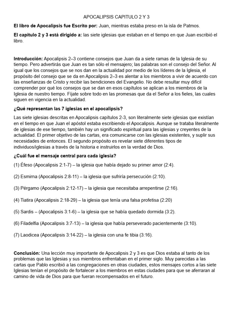 Apocalipsis Capitulo 2 Y 3 Pdf Libro De Revelación Iglesia Cristiana