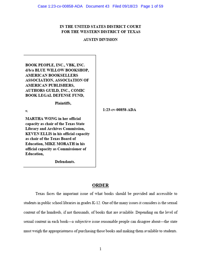 Book People v. Wong Order Granting A Preliminary Injunction and Denying The Motion To Dismiss ...