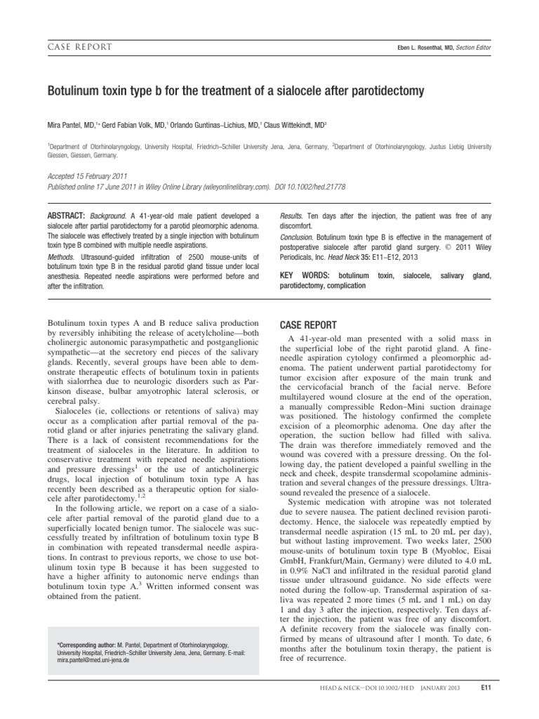 Botulinum Toxin Type B For The Treatment of A Sialocele After Parotidectomy | PDF | Botulinum ...