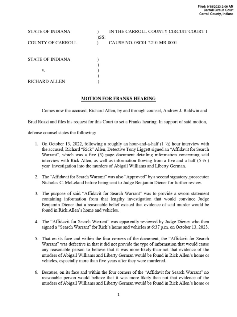 Motion for Franks Hearing: Richard Allen | PDF | Public Law | Common Law
