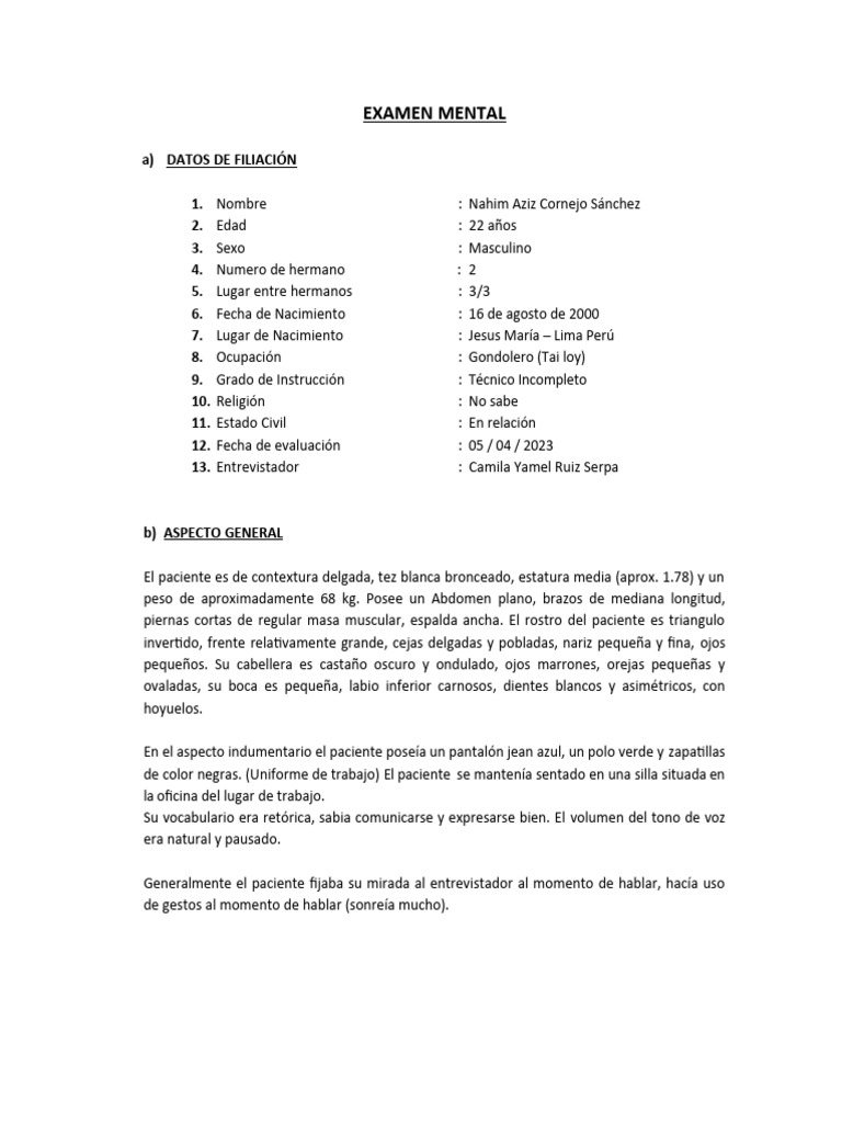 Evaluación Mental de Nahim Aziz | PDF | Memoria | Procesos mentales