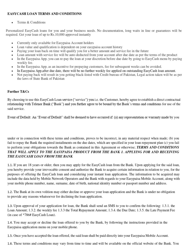 EasyCash Terms and Conditions | PDF | Loans | Banks