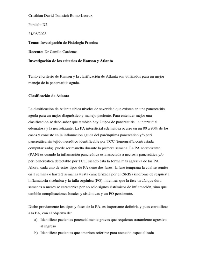 Criterios de Ranson y Atlanta en Pancreatitis | PDF | Medicina ...