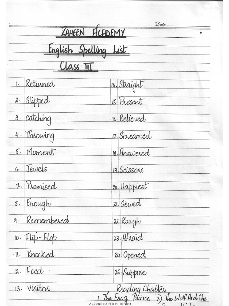 Class 3rd Spelling List Eng and Urdu | PDF
