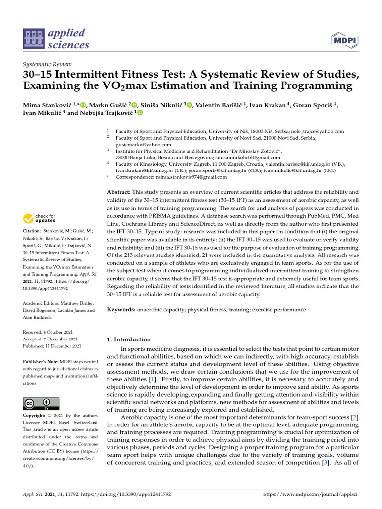 30-15 IFT - A Systematic Review Examining VO2 Max Estimation and Training Programming | Download ...