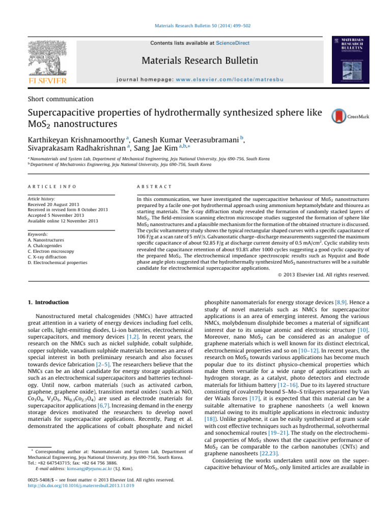 Supercapacitive Properties of Hydrothermally Synthesized Sphere Like ...