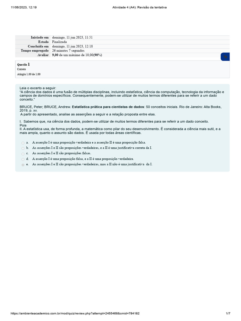 ESTATÍSTICA APLICADA AO DATA SCIENCE - Unidade 4 - Atividade 4 (A4) - Revisão Da Tentativa | PDF ...