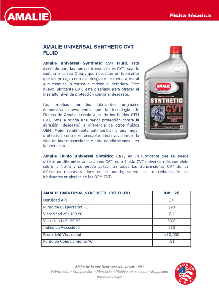 AMALIE UNIVERSAL SYNTHETIC CVT FLUID | PDF | Lubricante | Química