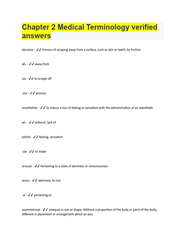 Chapter 2 Medical Terminology Verified Answers | PDF | Skin | Heart