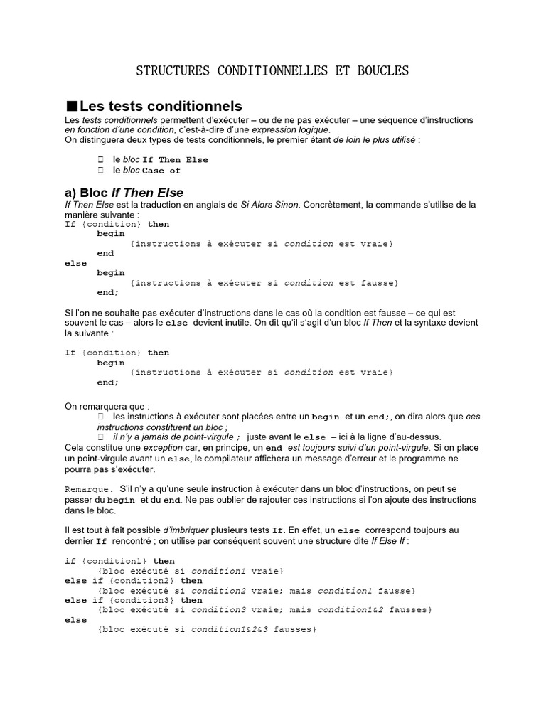 Structures Conditionneles Et Boucles en Pasal | PDF | Structure de contrôle | Programmation ...