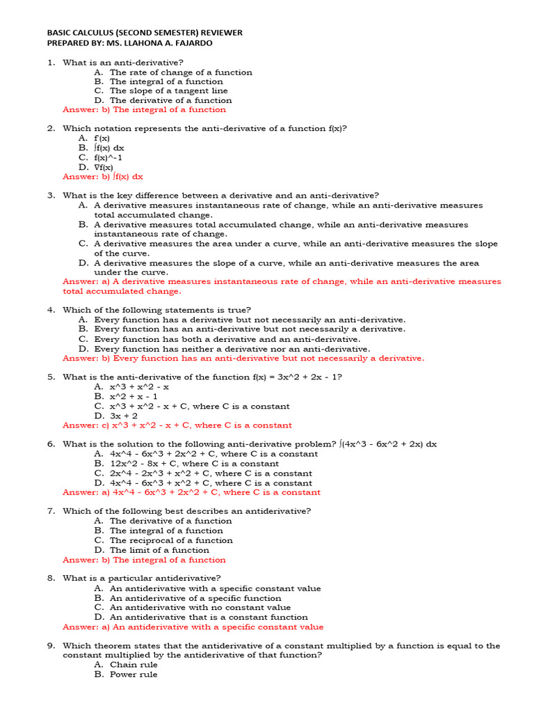 Basic Calculus Reviewer 2S 20062023 Answerkey | PDF | Integral ...