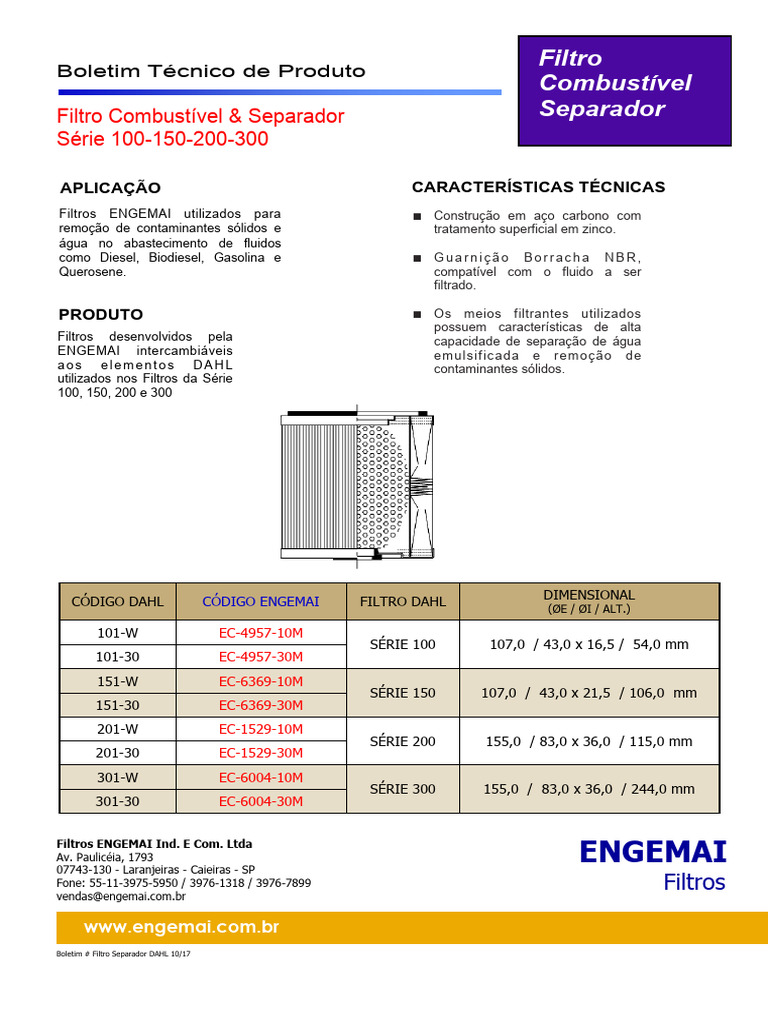 Elementos Do Combustível Separador para Filtros Dahl Serie 100 150 200 ...