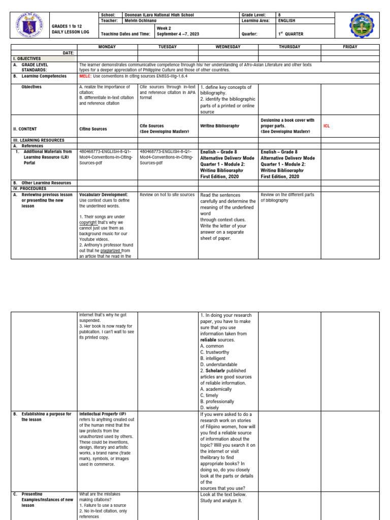 ENGLISH 8 Q1 W2 Use Conventions in Citing Sources | PDF | Bibliography ...