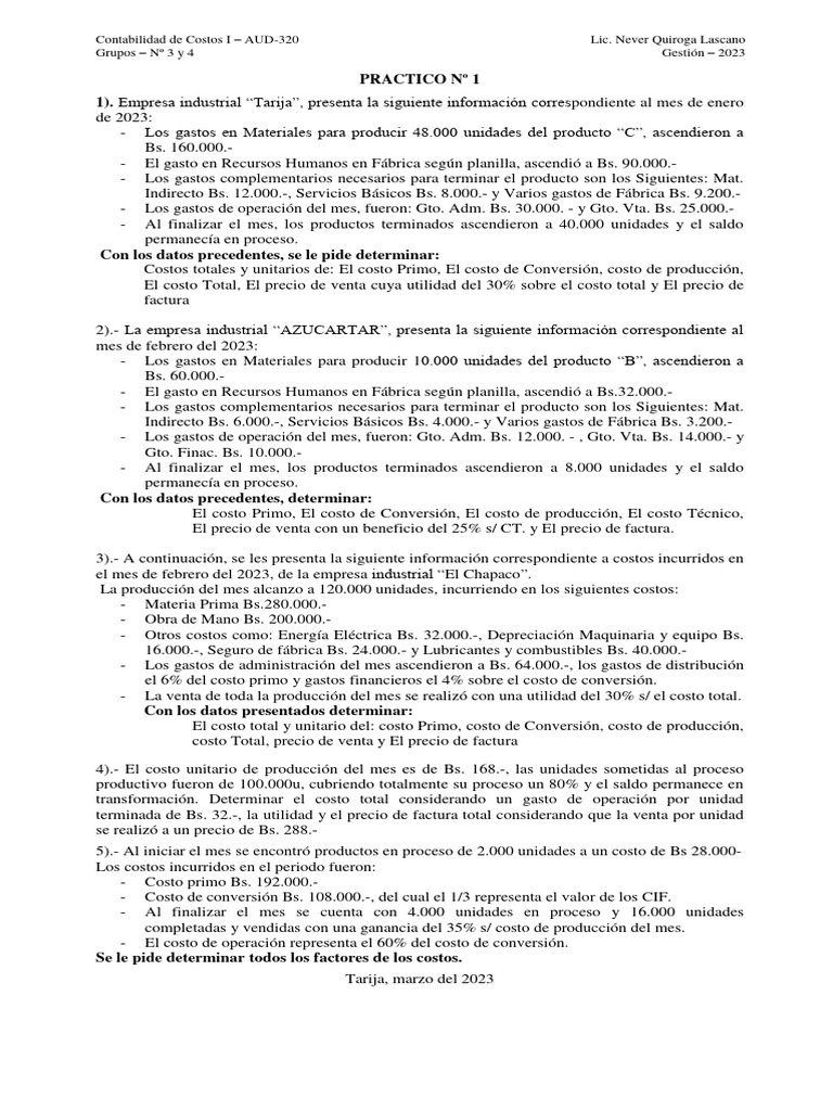 práctica | PDF | Costo | Business