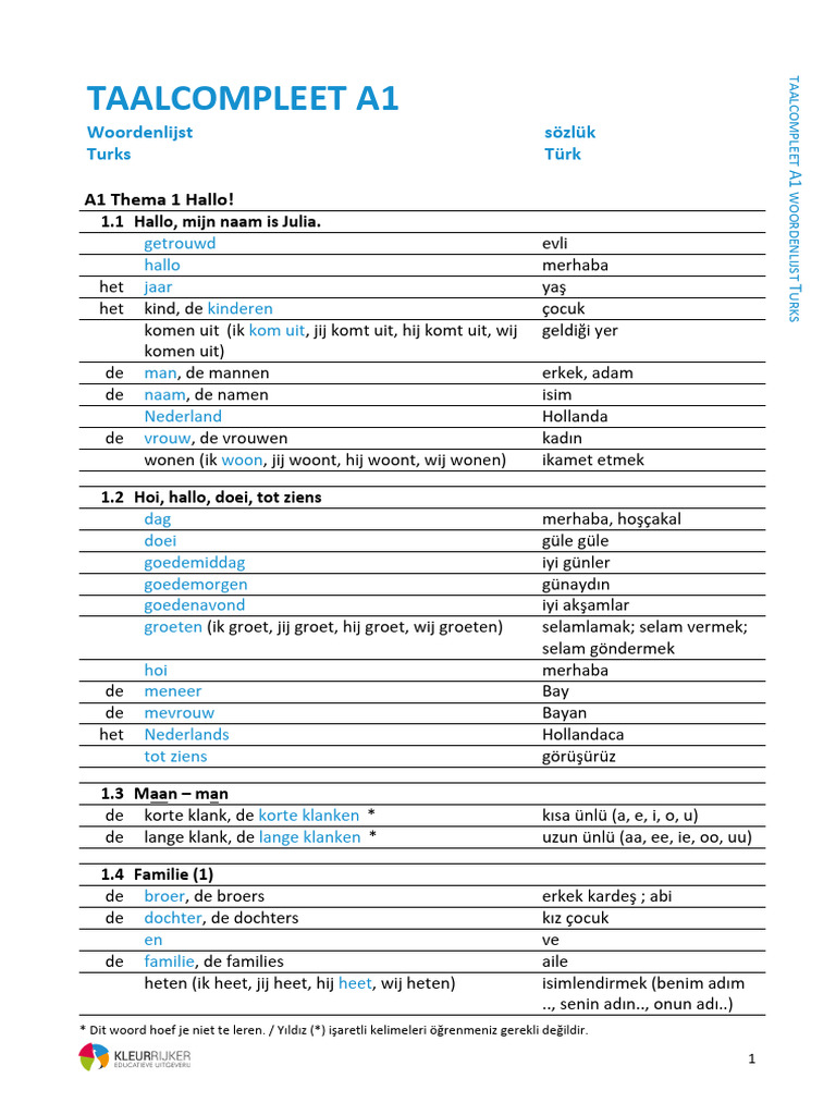 Taal Compleet A1 Kelimeler | PDF